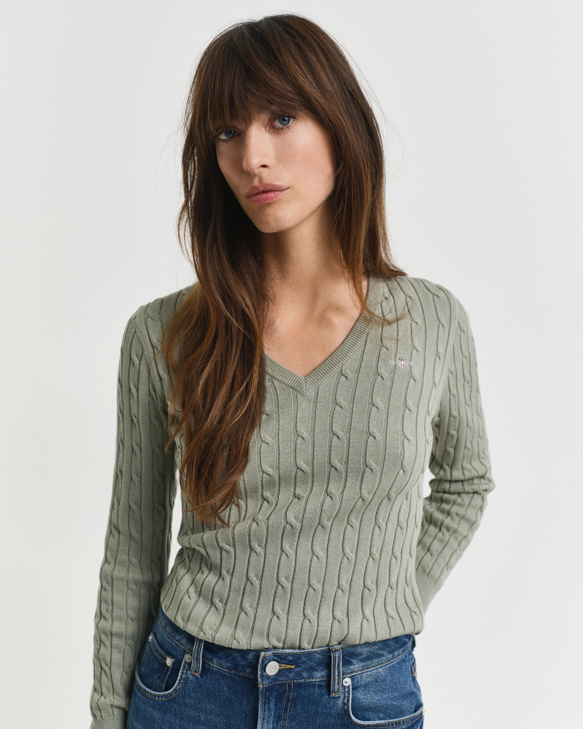Stretch Cotton Cable Knit V-Neck Sweater – GANT